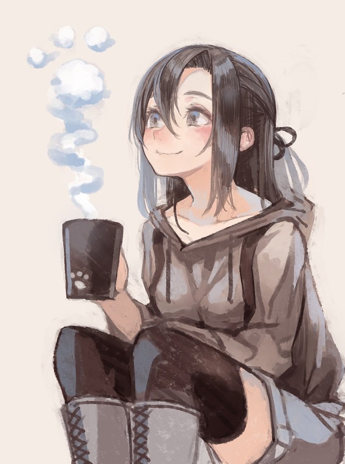 Safebooru 1girl Blush Boots Brown Eyes Brown Hair Coffee Mug