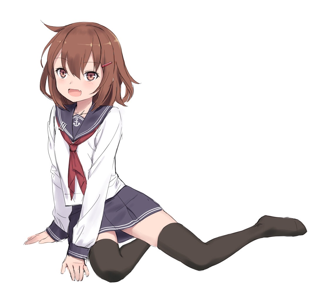 Safebooru - 1girl anchor symbol black legwear brown eyes brown hair cnm fang hair ornament ...