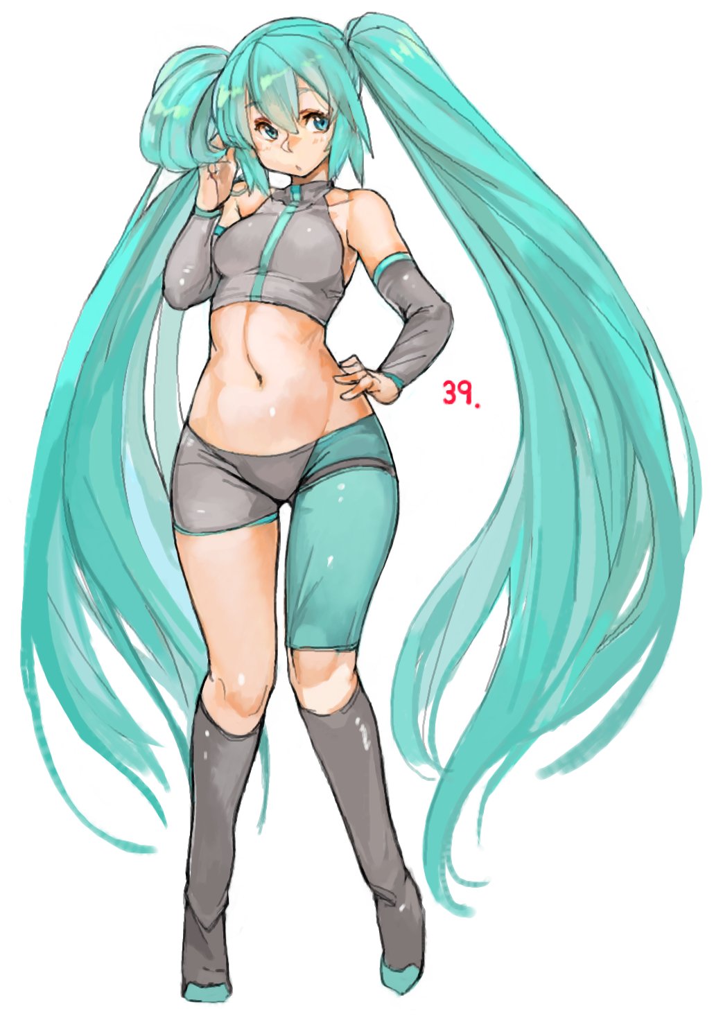 Safebooru - 1girl aqua eyes aqua hair arm warmers black legwear crop top full body hair between ...