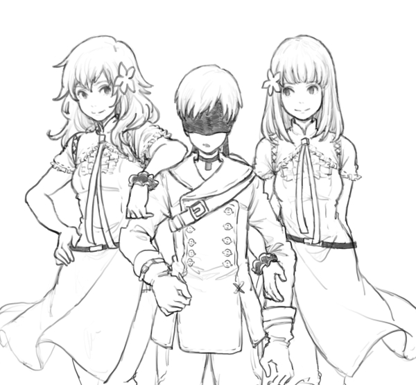 Safebooru - 1boy 2girls devola height difference monochrome multiple ...