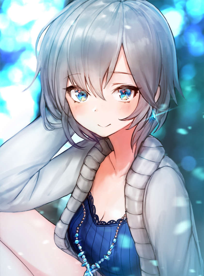Safebooru - 1girl anastasia (idolmaster) blue eyes blush breasts cleavage earrings eyebrows ...
