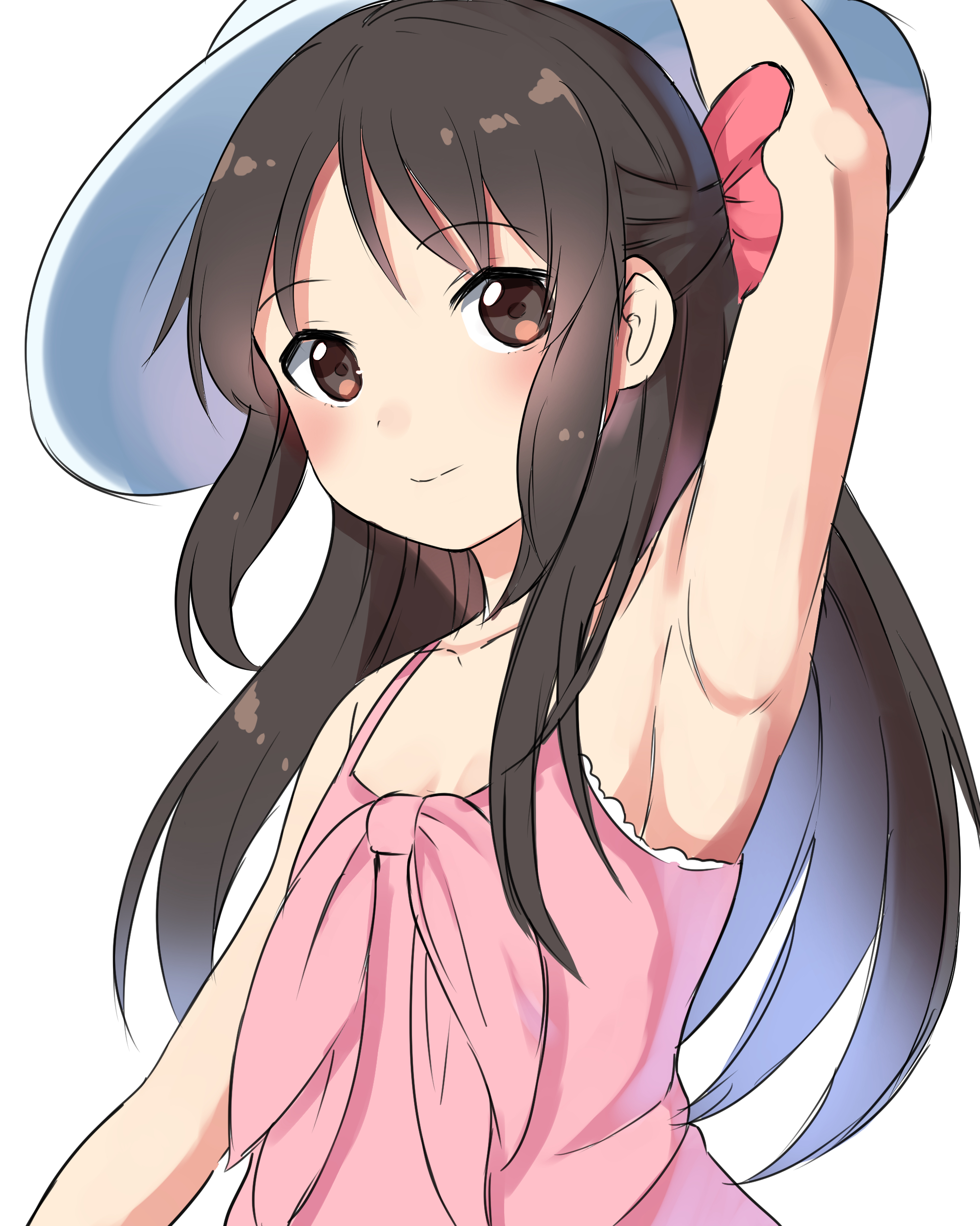 Safebooru - 1girl absurdres armpits bare shoulders black hair brown eyes dress hair hair ribbon ...