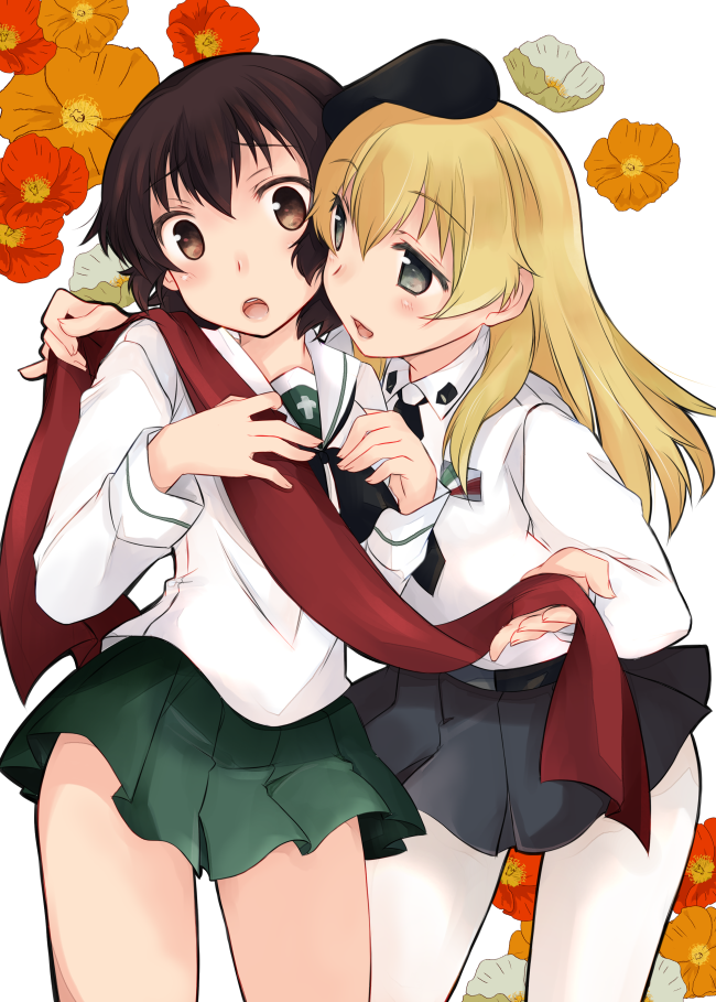 Safebooru - 2girls abenattou anzio school uniform arm around neck bangs belt beret black hat ...