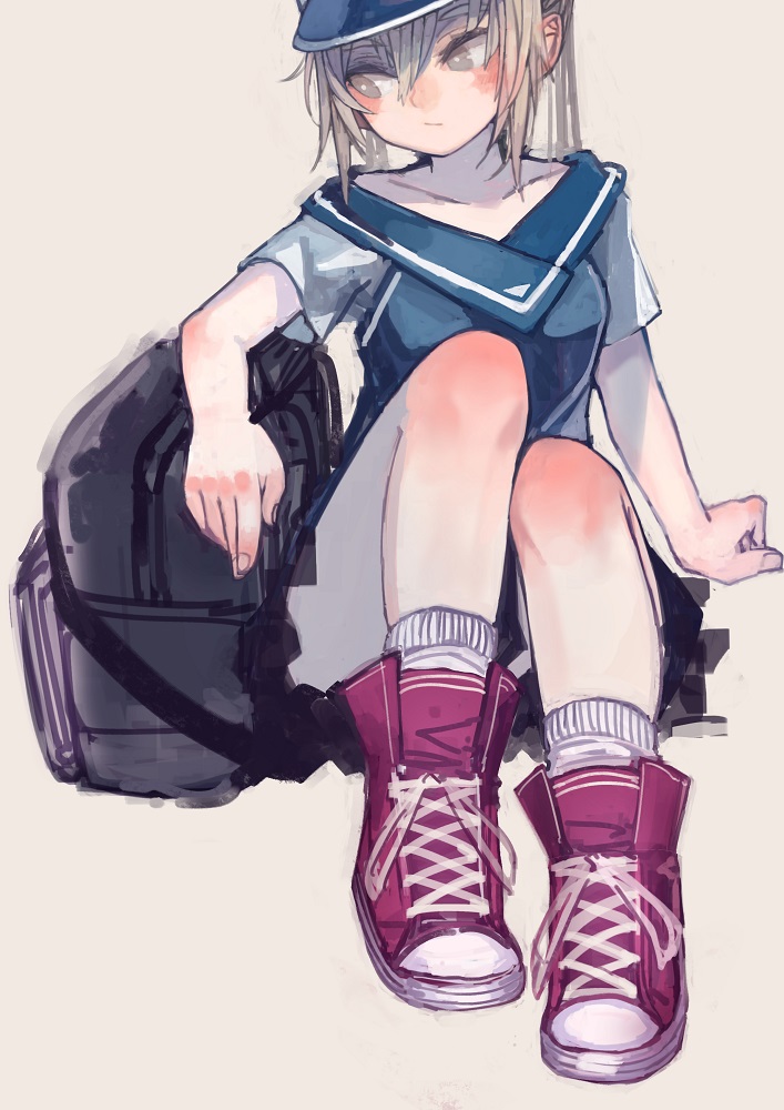 Safebooru - 1girl bag bangs beige background black skirt blonde hair blouse blue blouse blush ...