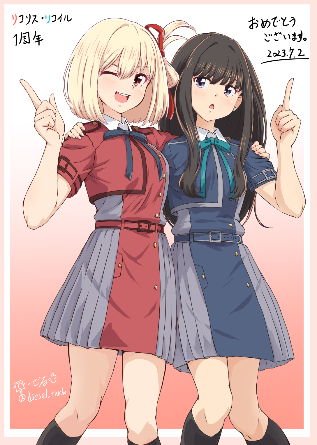 Safebooru - 2girls arm around shoulder belt black hair black socks blonde hair blue belt blue ...