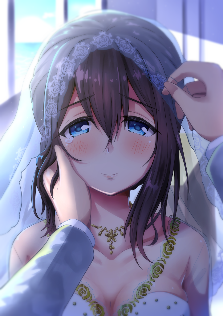 Safebooru - 0141zucker 1girl black hair blue eyes blush breasts bridal veil cleavage dress ...