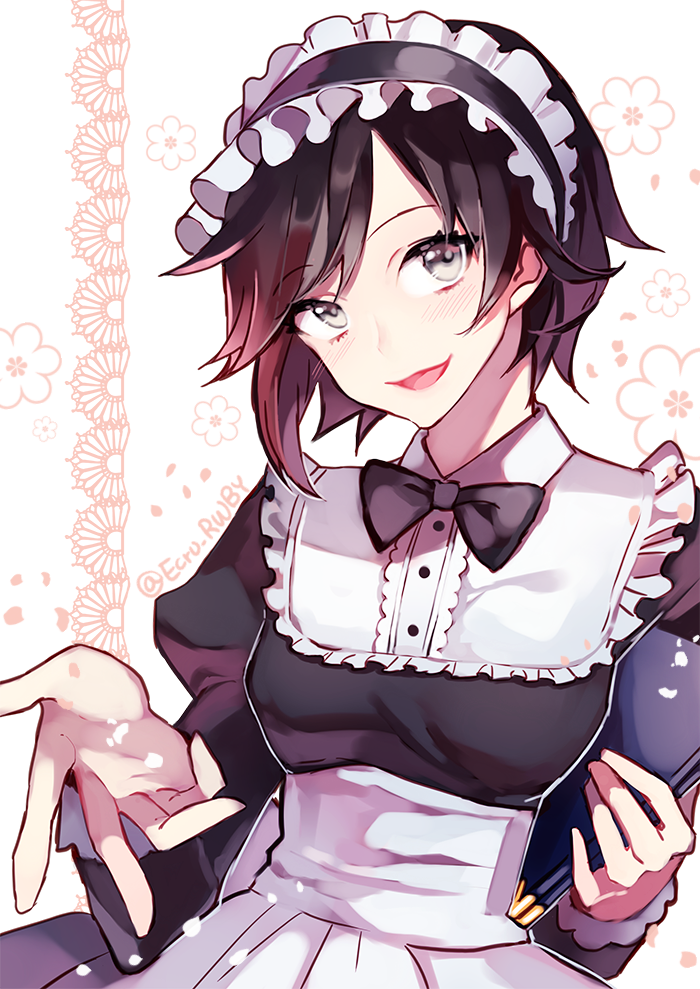 Safebooru - 1girl black hair bow bowtie ecru floral background grey eyes looking at viewer maid ...