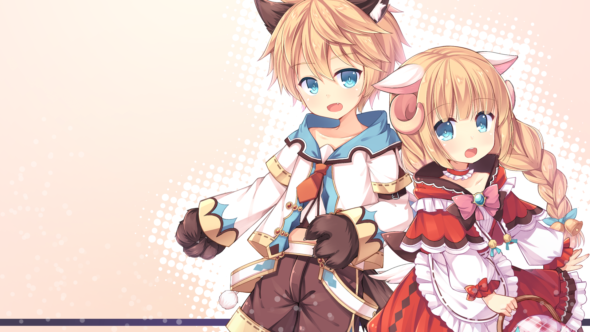 Safebooru - 1boy 1girl :d amemiya ruki animal ears aura kingdom basket bell blonde hair blue ...