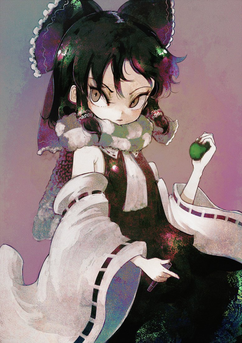 Safebooru - 1girl ascot benikurage black hair bow brown eyes censored cookie (touhou) detached ...