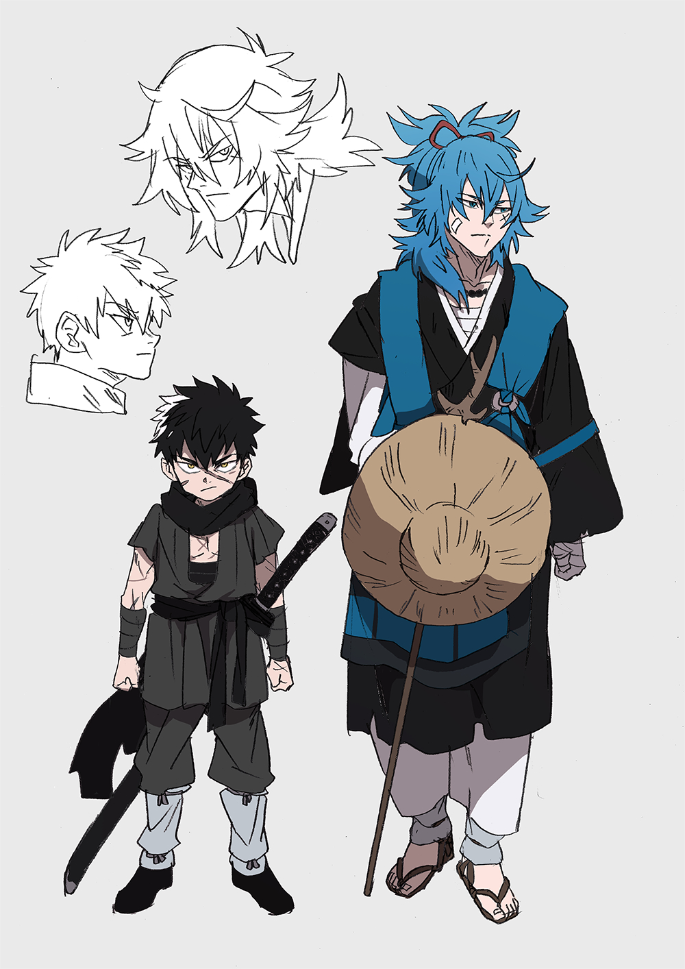Safebooru - 2boys age switch ajirogasa bandage on face black hair blue eyes blue hair child ...