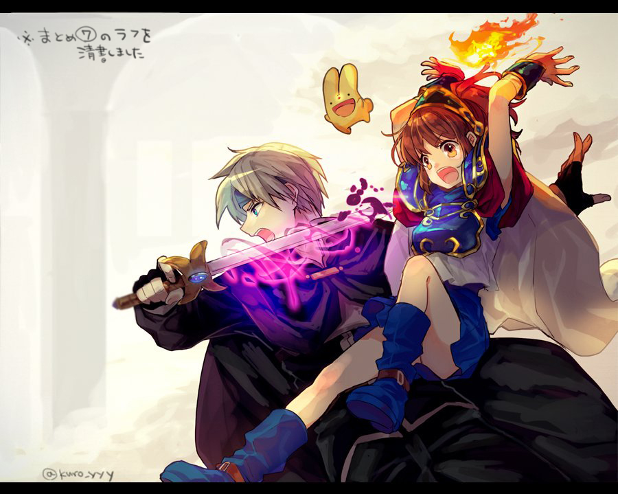 Safebooru - 1boy 1girl arle nadja armor armored dress black cape black gloves blue boots blue ...