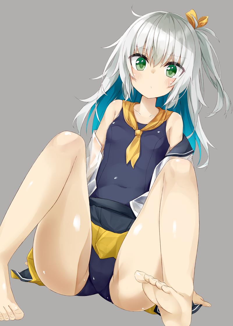 Safebooru - 1girl bangs barefoot blue hair blue swimsuit blush bow collarbone commentary request ...