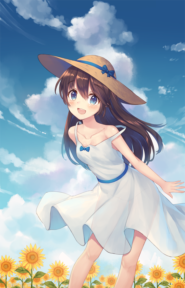 Safebooru - 1girl :d bangs blue eyes blue sky brown hair clouds cloudy sky collarbone dress ...