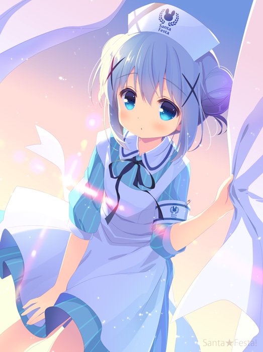 Safebooru - apron armband artist name blue eyes blush commentary double bun gochuumon wa usagi ...