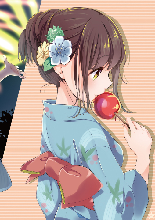 Safebooru - 1girl bangs blue kimono brown hair candy apple eating ...