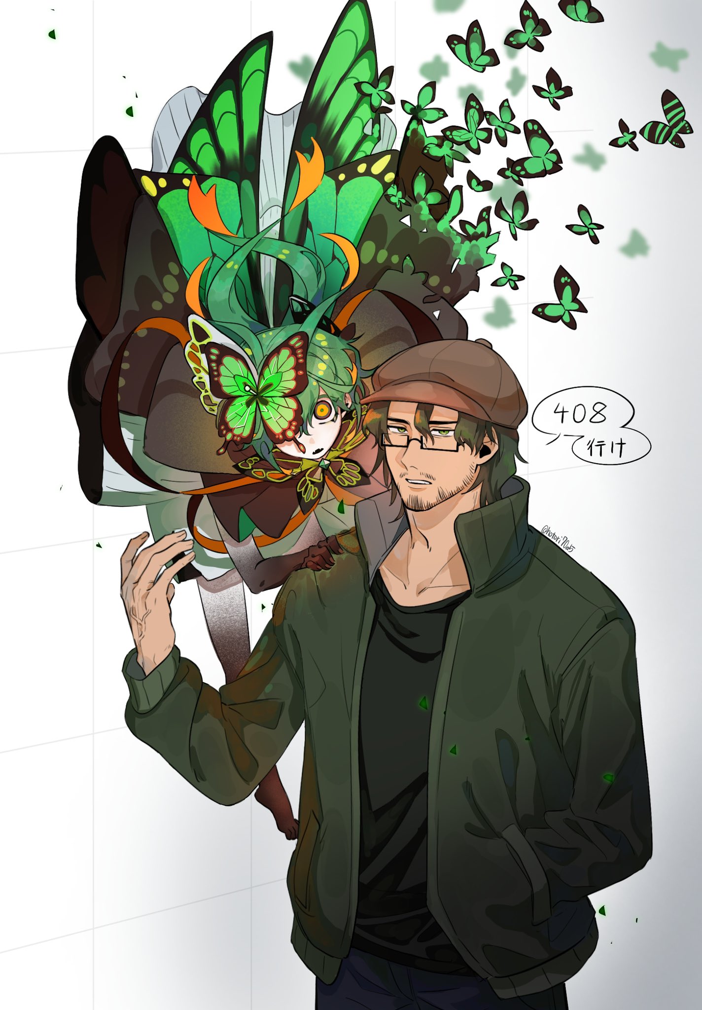 Safebooru - 1boy 1girl artist name black shirt brown hat bug butterfly ...