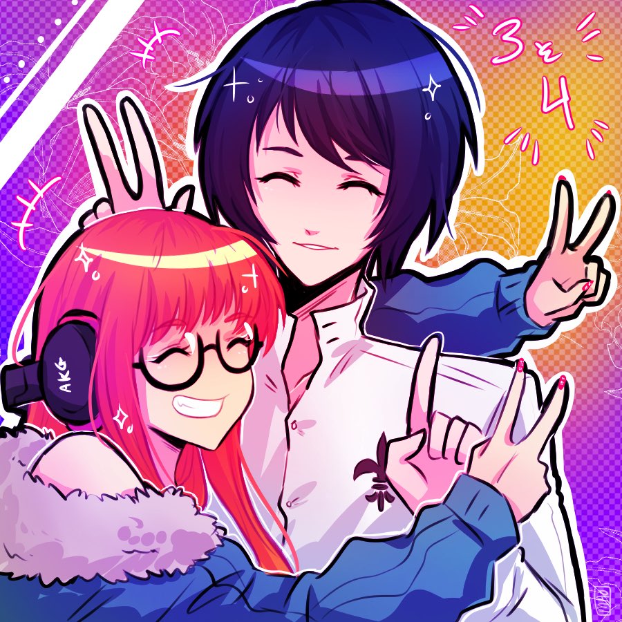 Safebooru - 1boy 1girl blue hair closed eyes glasses grin headphones ...