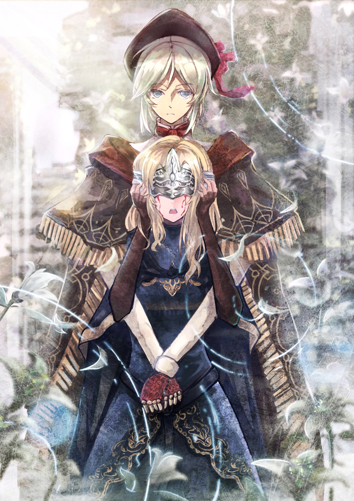 Safebooru - 2girls bangs blindfold blonde hair blood bloodborne bloody tears blue eyes cape ...