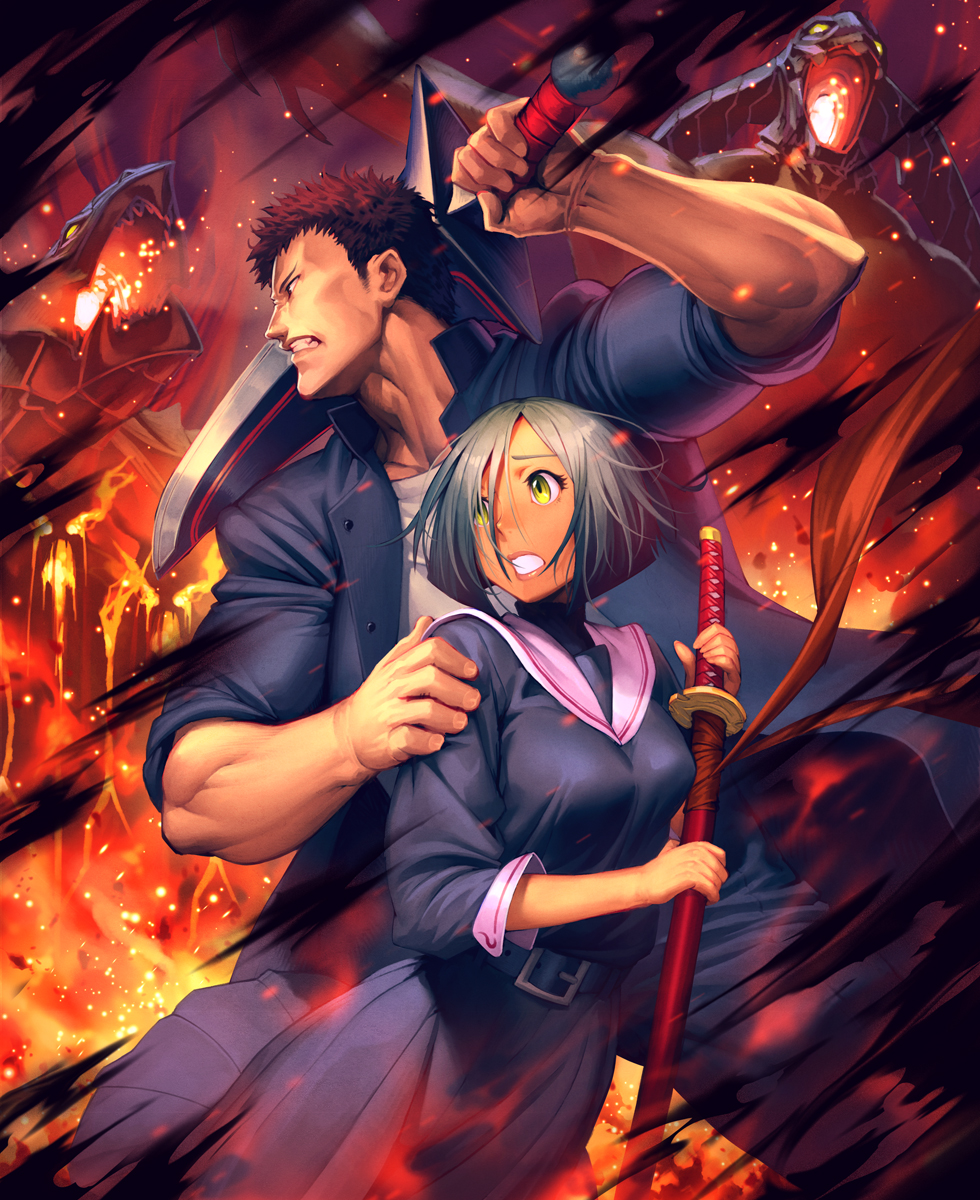 Safebooru - 1boy 1girl belt blue gakuran blue serafuku breasts ...