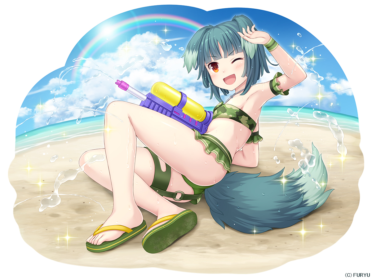 Safebooru - >;d 1girl ;d animal ears arm up armpits bangs bare shoulders beach bead necklace ...