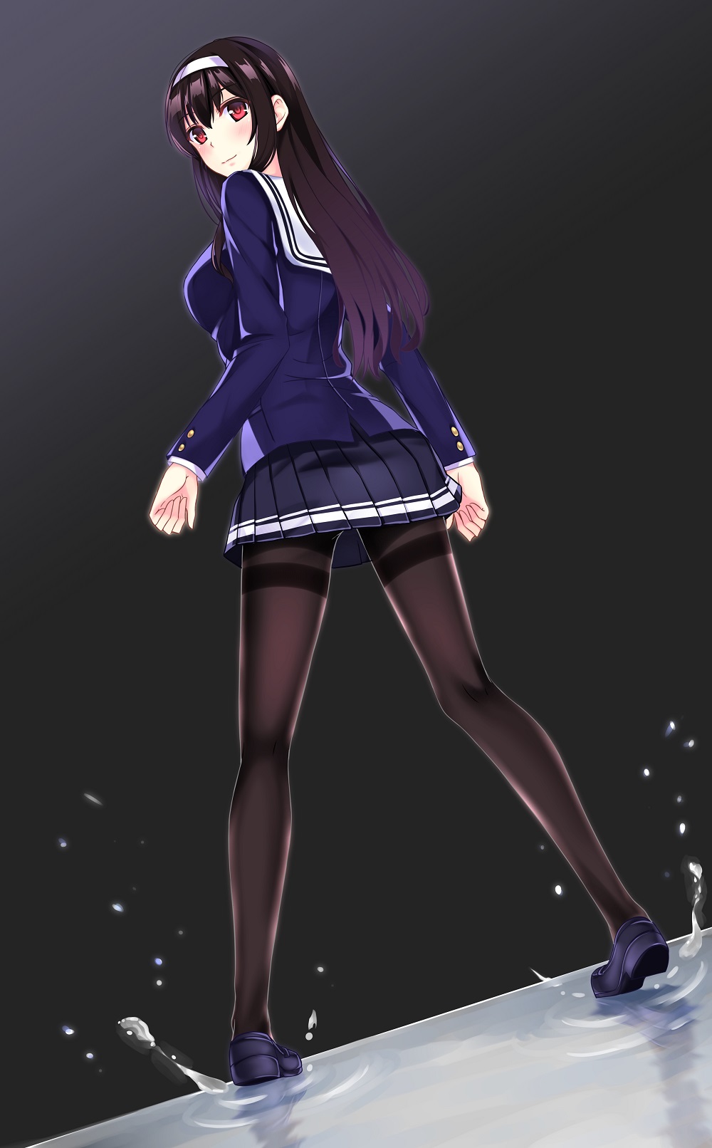 Safebooru - 1girl black background black hair black legwear blue jacket blue shoes blue skirt ...