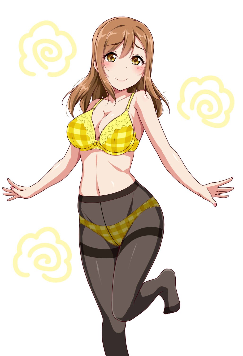 Safebooru - 1girl bangs black legwear blush bra breasts brown eyes brown hair cleavage ...