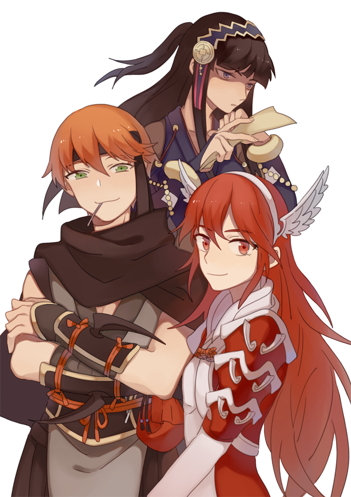 Safebooru - 1boy 2girls arm blade arm guards armor black hair blue eyes ...