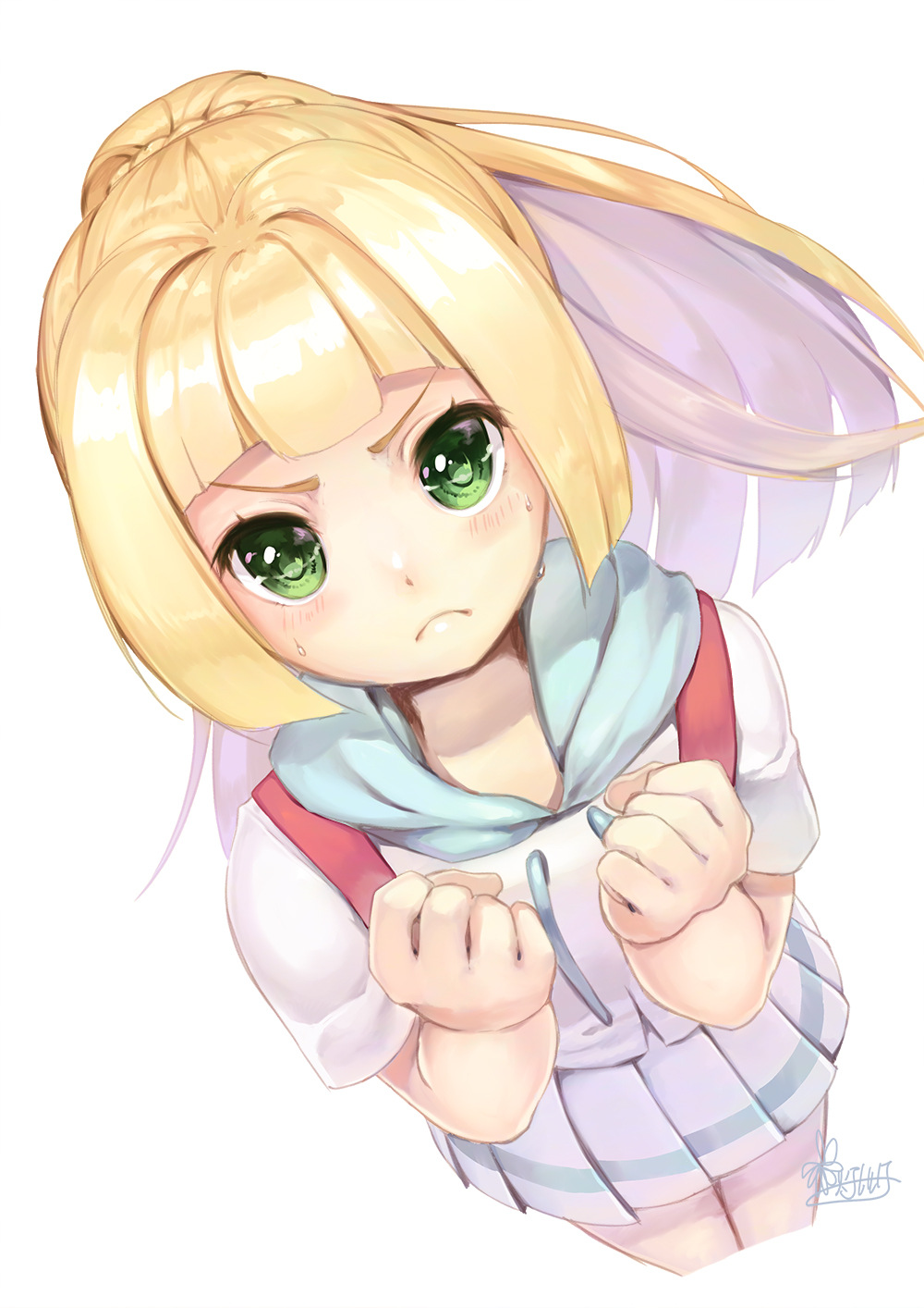 Safebooru - 1girl bag bangs blonde hair blunt bangs clenched hands frown green eyes highres ...