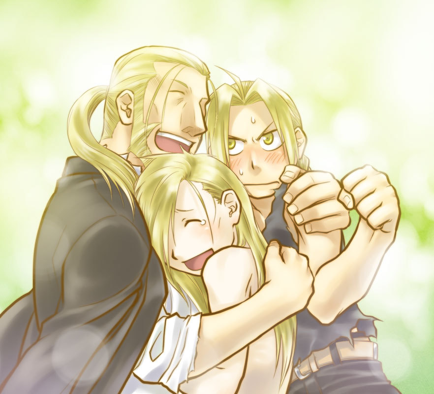 Safebooru - 3boys alphonse elric belt black shirt blonde hair blush brothers clenched hand ...
