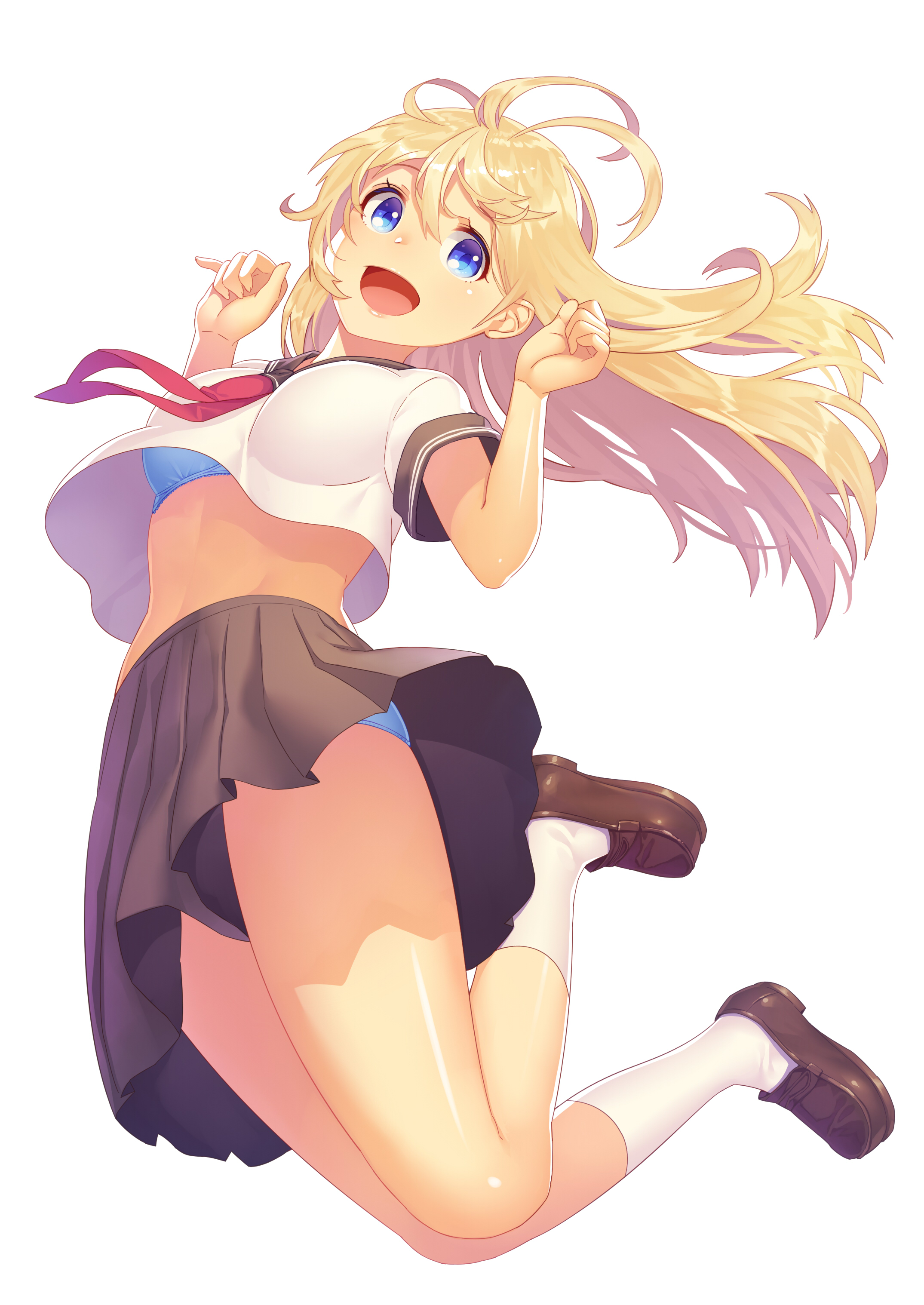 Safebooru - 1girl absurdres bangs black skirt blonde hair blue bra blue eyes blue panties blush ...
