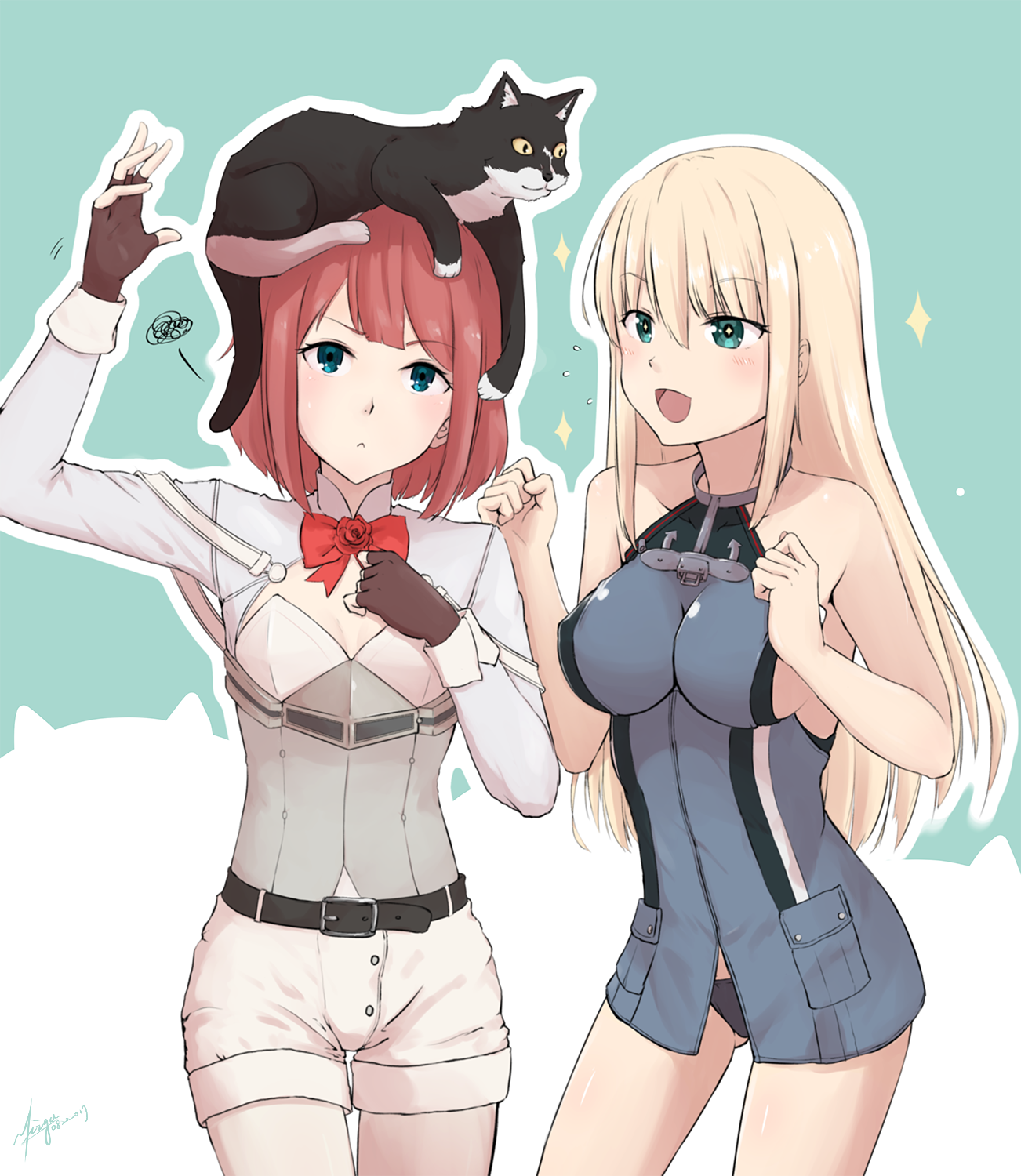 Safebooru - 2girls anchor animal animal on head ark royal (kantai collection) bangs bismarck ...