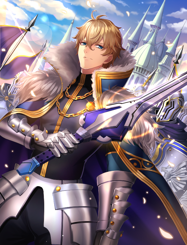 Safebooru - 1boy ahoge armor black shirt blonde hair blue cape blue eyes blue sky cape castle ...