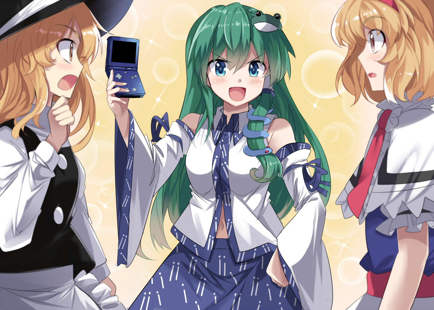 Safebooru - >:d 3girls :d alice margatroid apron bare shoulders blonde hair blue eyes brown eyes ...