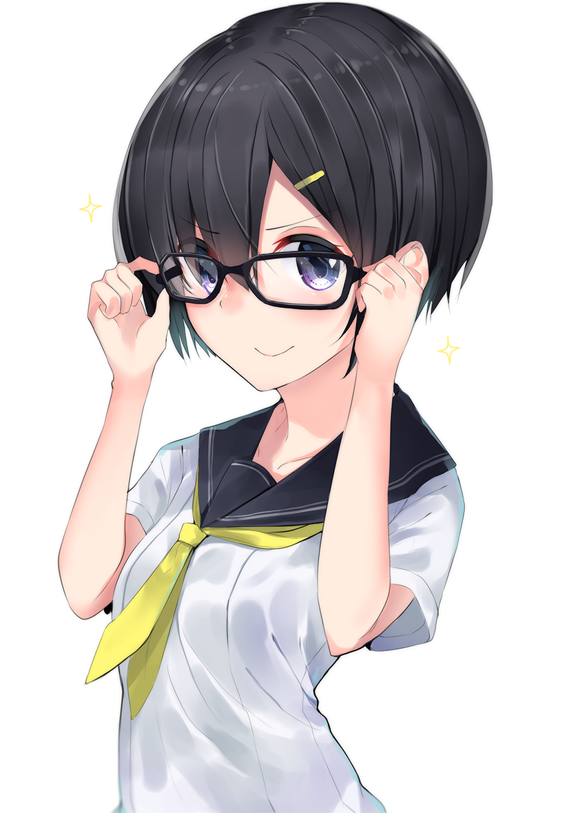 Safebooru - 1girl adjusting glasses bangs black-framed eyewear black hair eyebrows visible ...