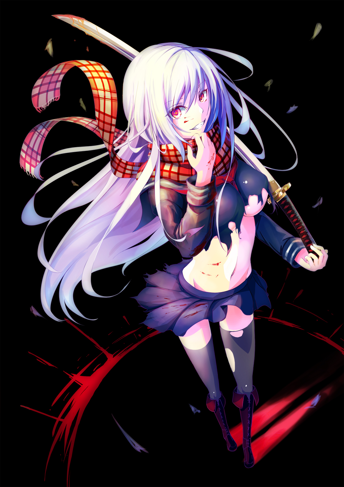 Safebooru - 1girl ahoge black background black legwear blood blue shirt blue skirt boots breasts ...