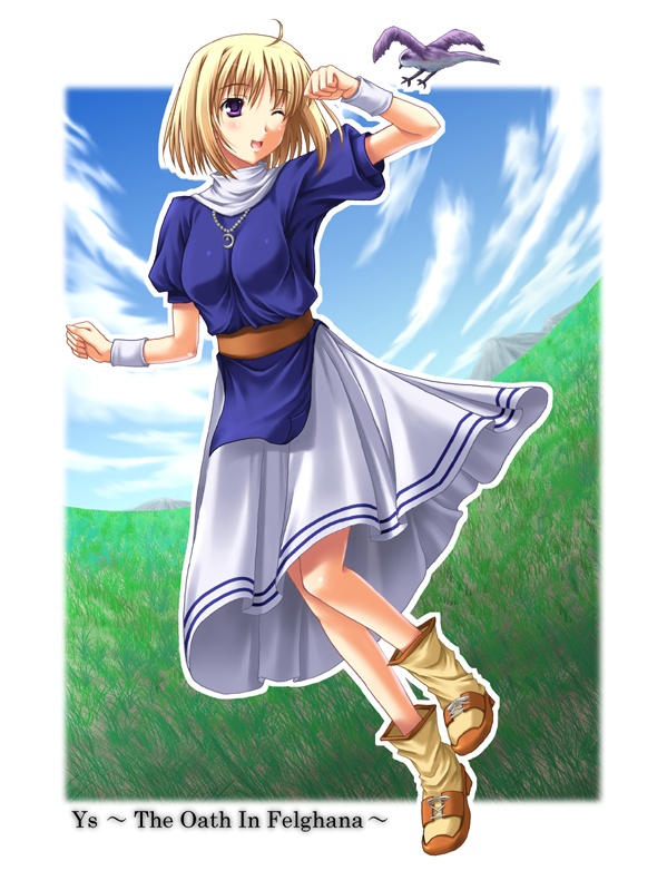 Safebooru - birds blonde hair elena stoddart falcom miyai max purple eyes short hair title drop ...