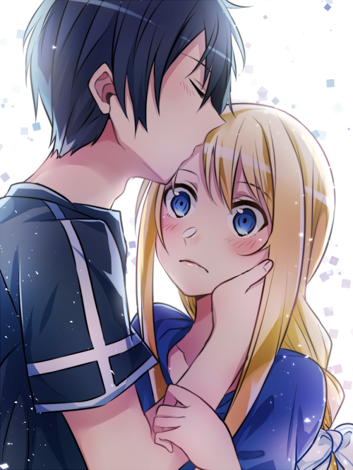 Safebooru - 1boy 1girl alice schuberg black hair black shirt blue shirt blush bow braid eyebrows ...