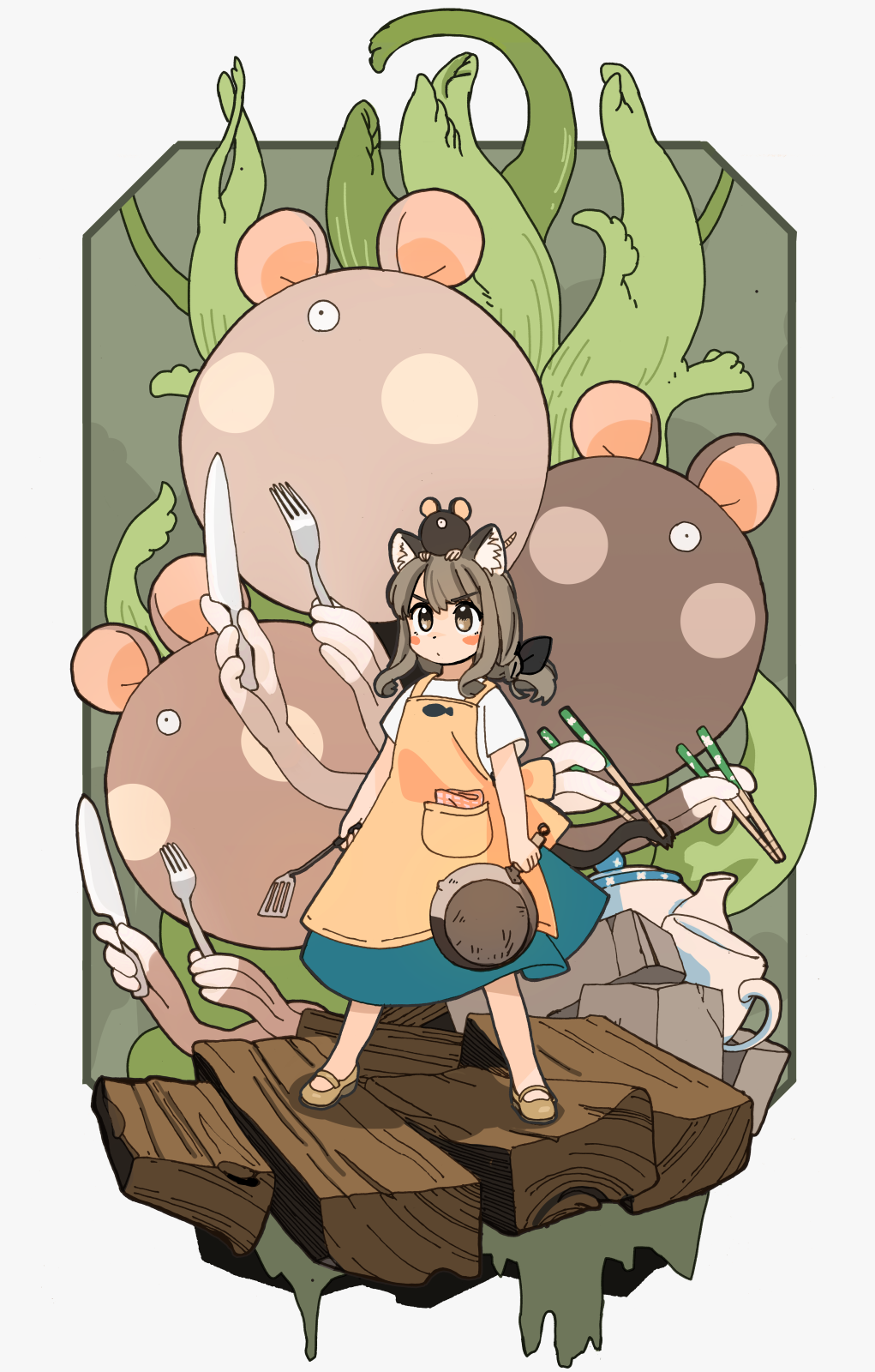 Safebooru - 1girl akai sashimi animal ear fluff animal ears apron bangs beige footwear blue ...