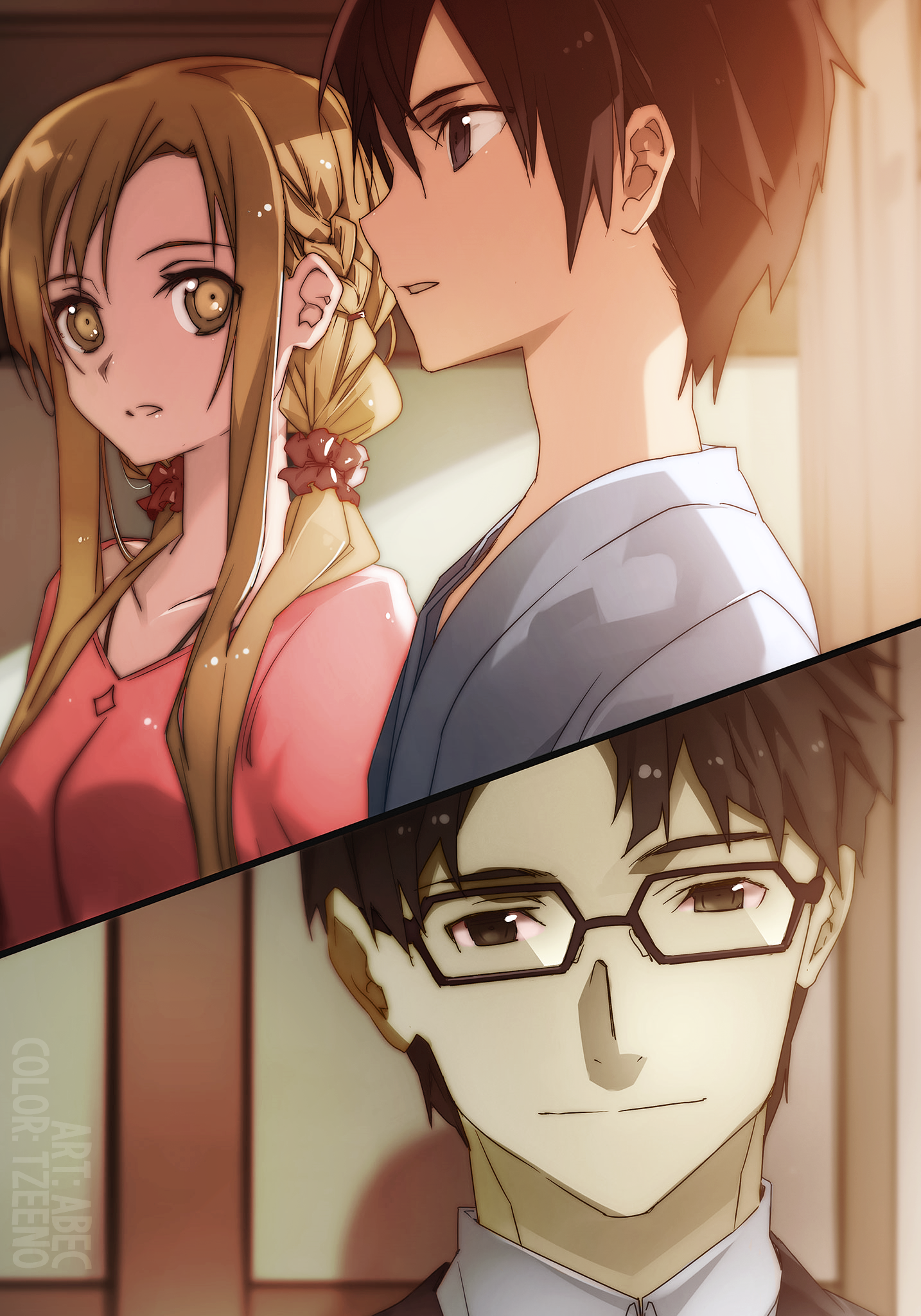 Safebooru - 1girl 2boys abec asuna (sao) black-framed eyewear black eyes black hair brown eyes ...