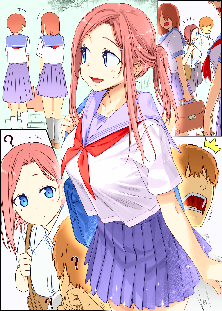 Safebooru - /\/\/\ 1boy 3girls :d ? alternate hairstyle bag bangs breasts colorized commentary ...