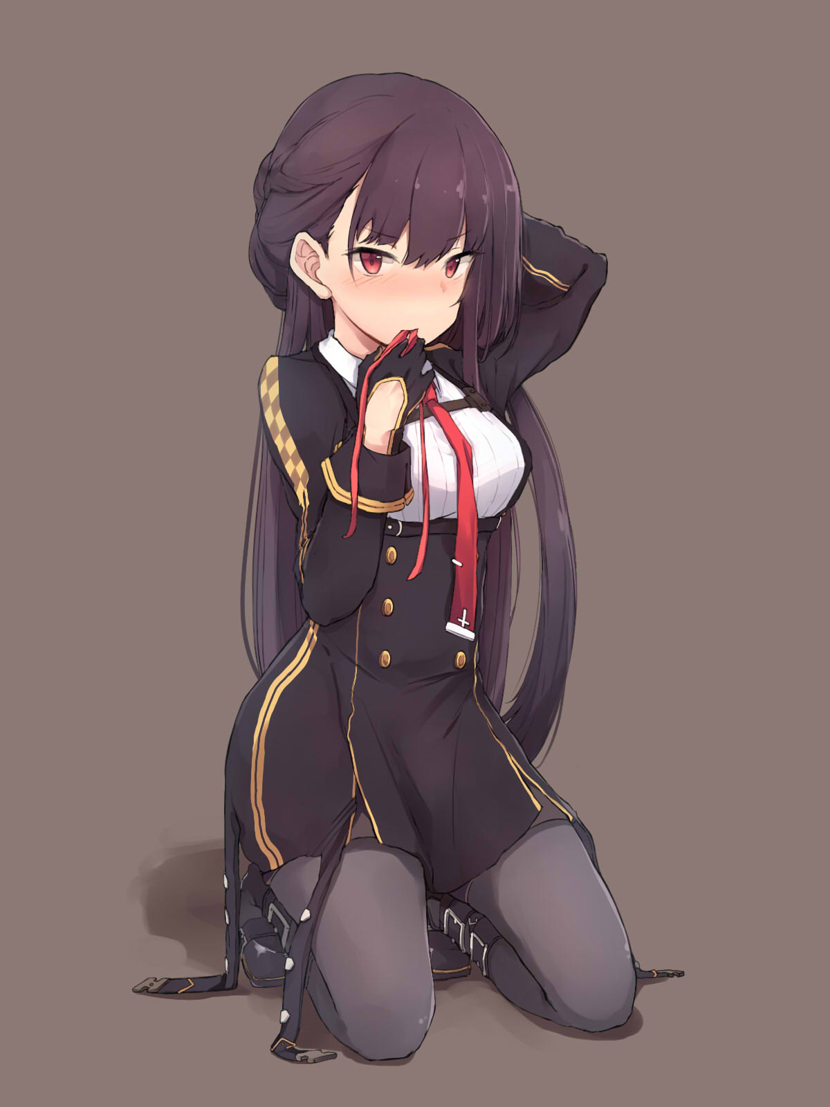 Safebooru - 1girl ahokoo arm up bangs black dress black gloves black legwear blush boots brown ...