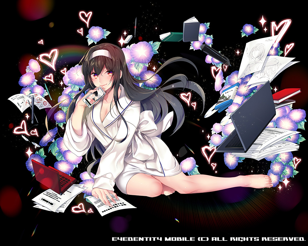 Safebooru - 1girl arm support barefoot black background black hair breasts brown eyes cellphone ...