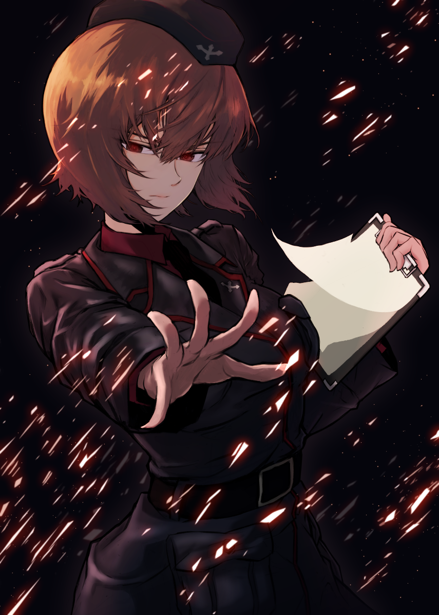 Safebooru - 1girl adapted uniform bangs belt black hat black jacket brown eyes brown hair ...