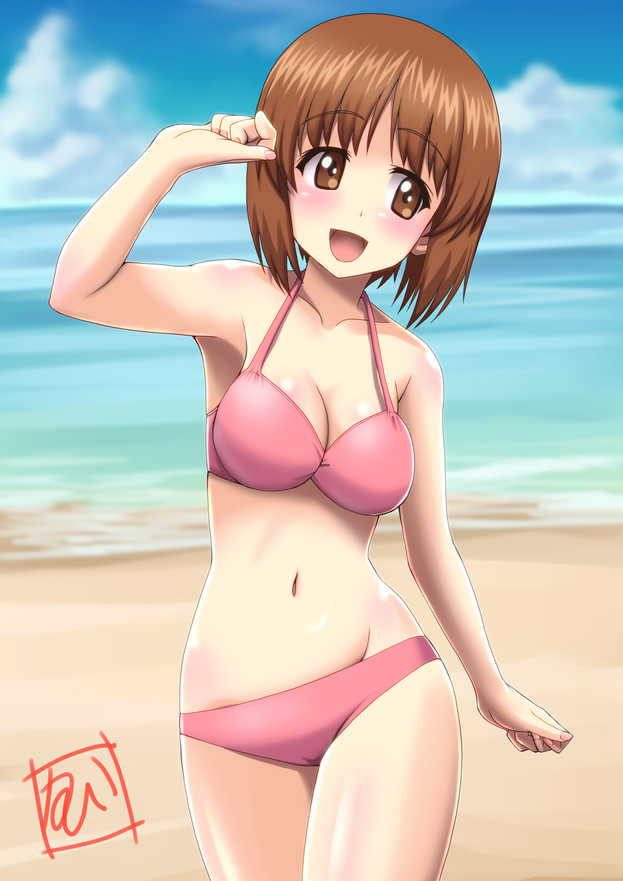 Safebooru - 1girl beach bikini bob cut breasts brown eyes brown hair cleavage clouds cowboy shot ...