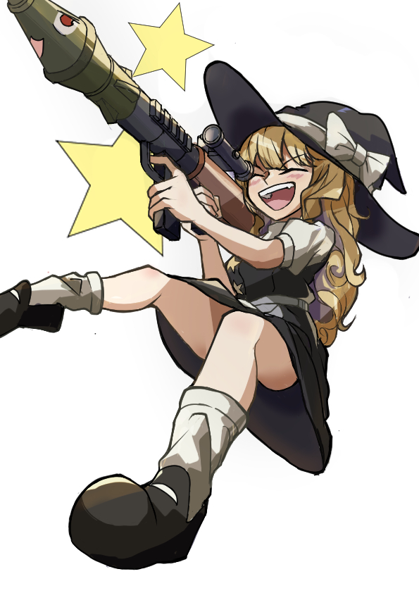 Safebooru - 1girl aiming bangs black footwear black headwear black skirt black vest blonde hair ...