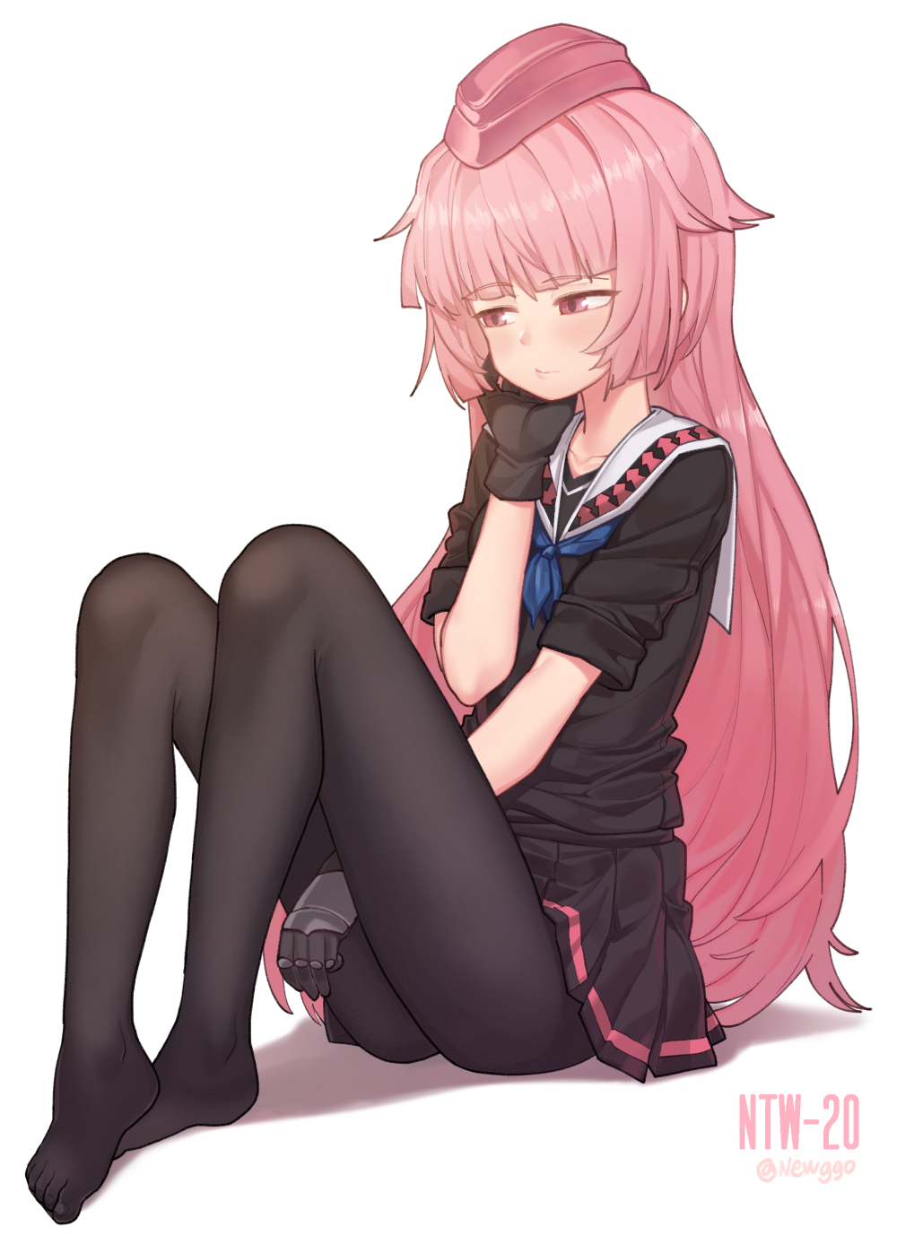 Safebooru - 1girl bangs between legs black gloves black legwear black skirt blue neckerchief ...