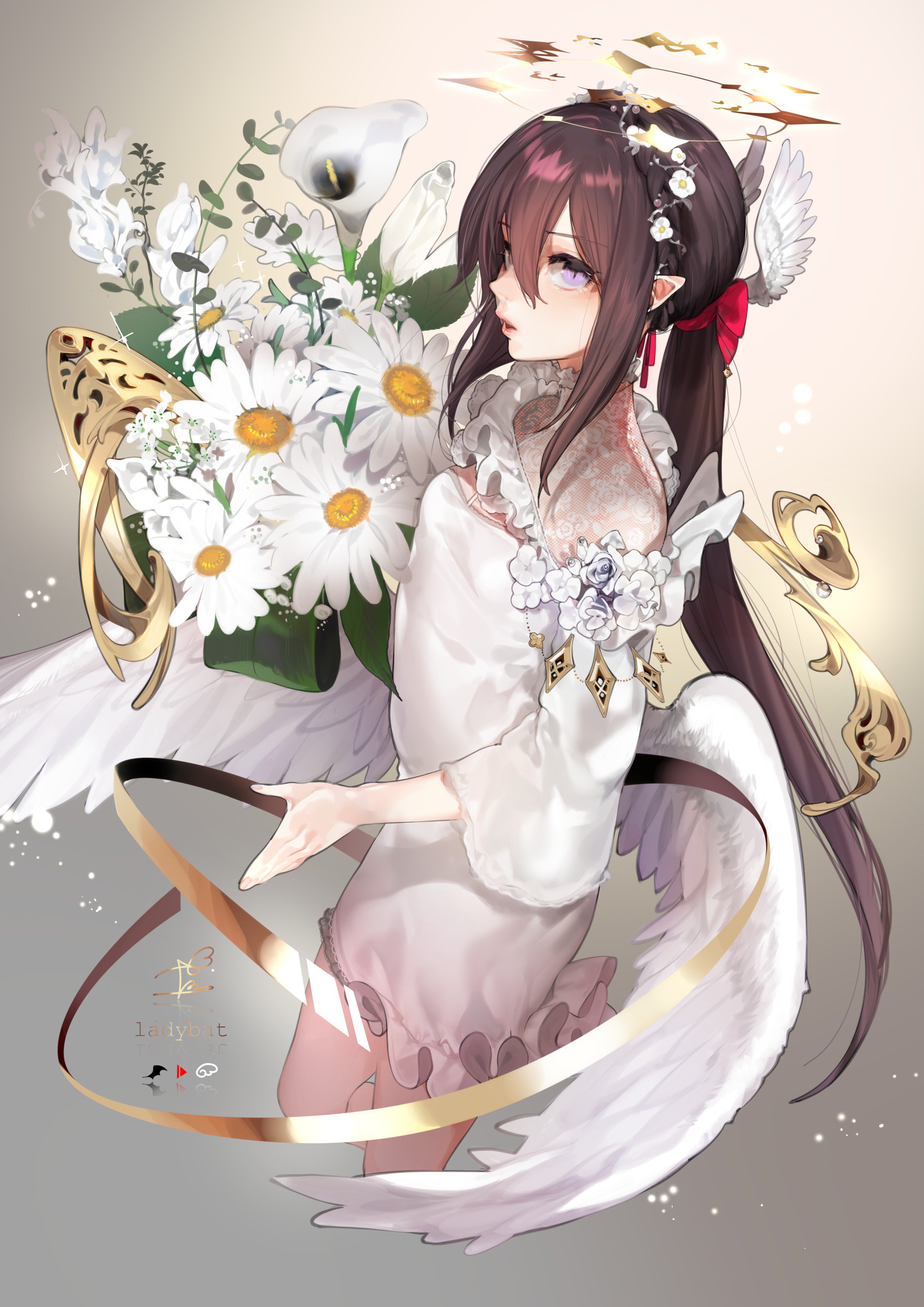 Safebooru - 1girl absurdres angel wings bangs bouquet breasts brown hair character name cowboy ...