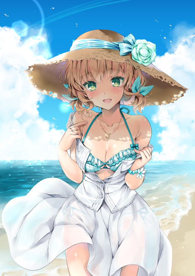Safebooru - 1girl :d alternate costume aqua bikini bangs beach bikini bikini under clothes ...