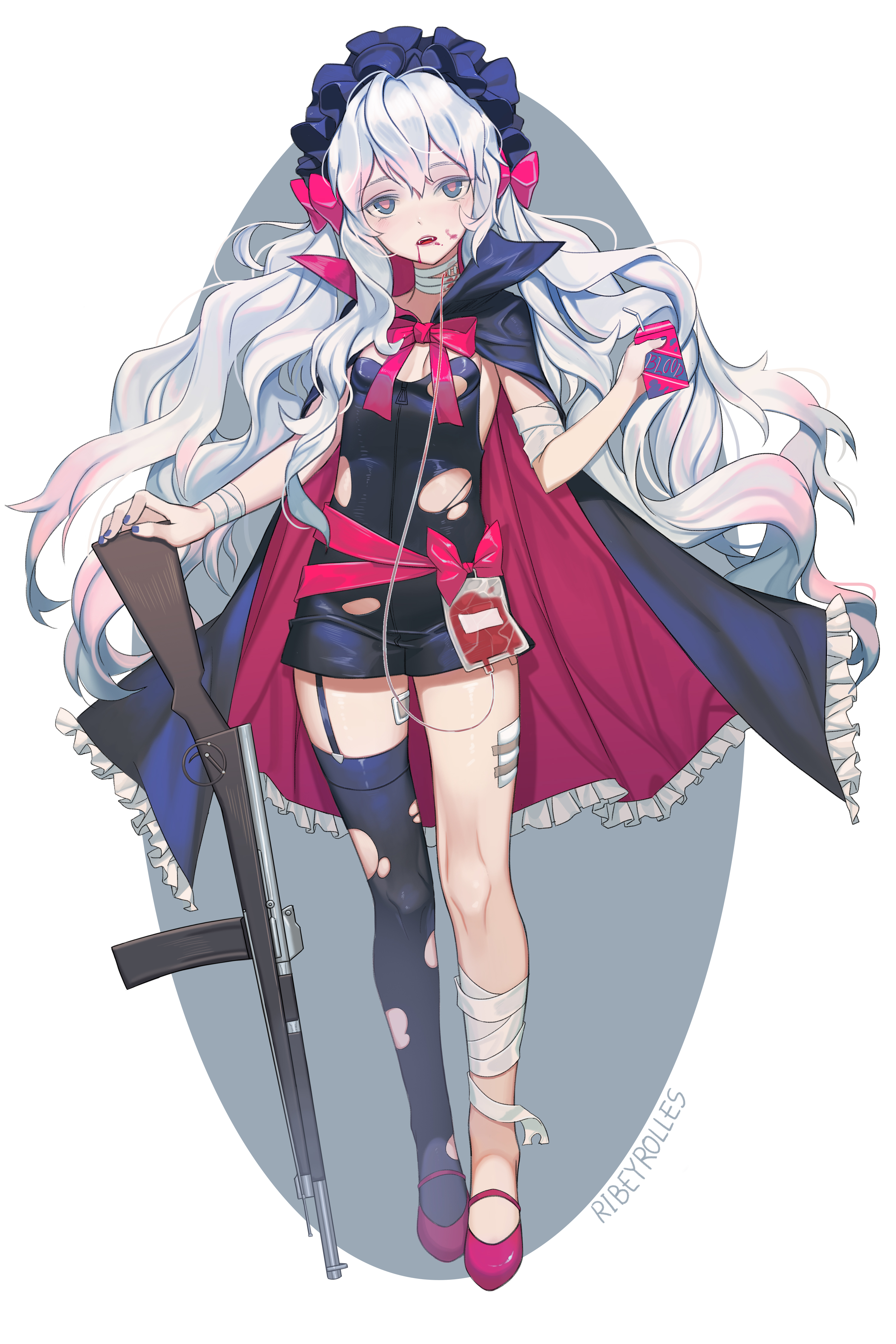 Safebooru - 1girl absurdres bangs black legwear blood blue eyes breasts ...