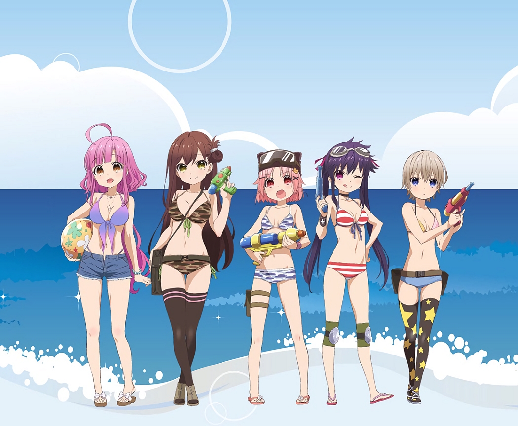 Safebooru - 5girls ;p ahoge animal hat ball beachball belt bikini black hat black legwear blue ...